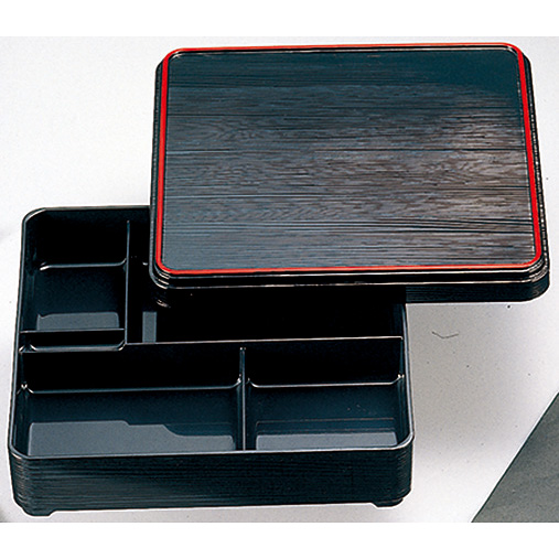 角 ヘギ目弁当 黒天 朱内黒 固定仕切 23213750 7寸 - 調理器具のSHOKUBI